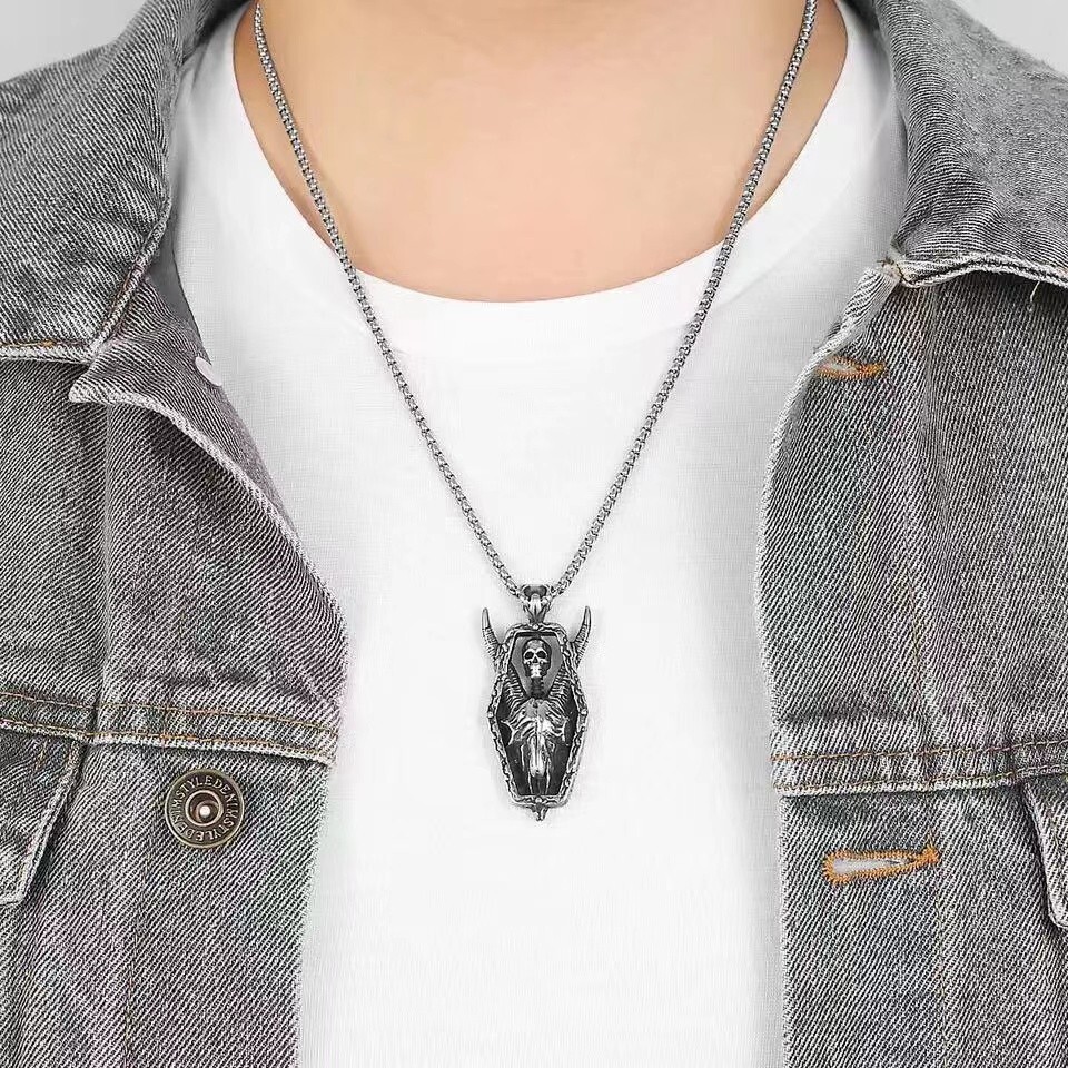 Men Silver Baphomet Goat Skull Coffin Pendant Necklace Gothic Jewelry ...