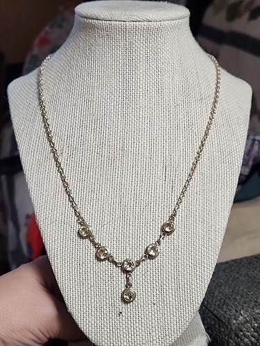 6 Rhinestone Y Drop Necklace Statement Teardrop Silver Tone Silvertone ...