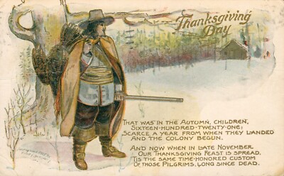 Thanksgiving Day, Pilgrim Hunter w/Turkey, Poem Vintage 1907 Holiday ...