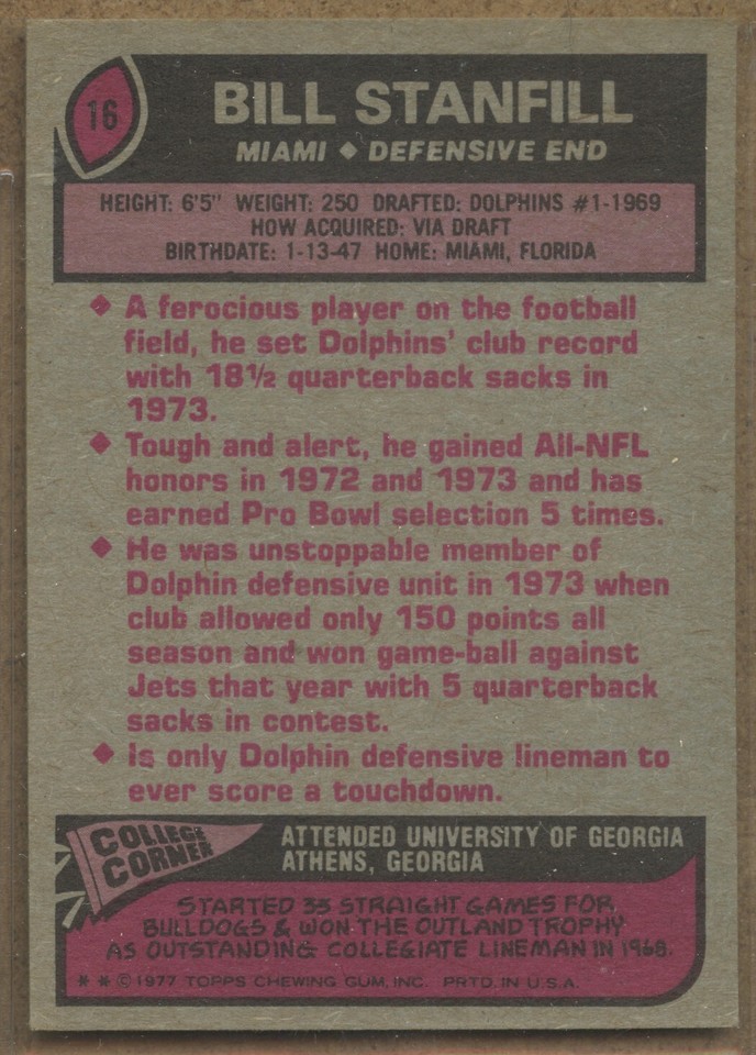1977 Topps #16 Bill Stanfill Miami Dolphins | eBay