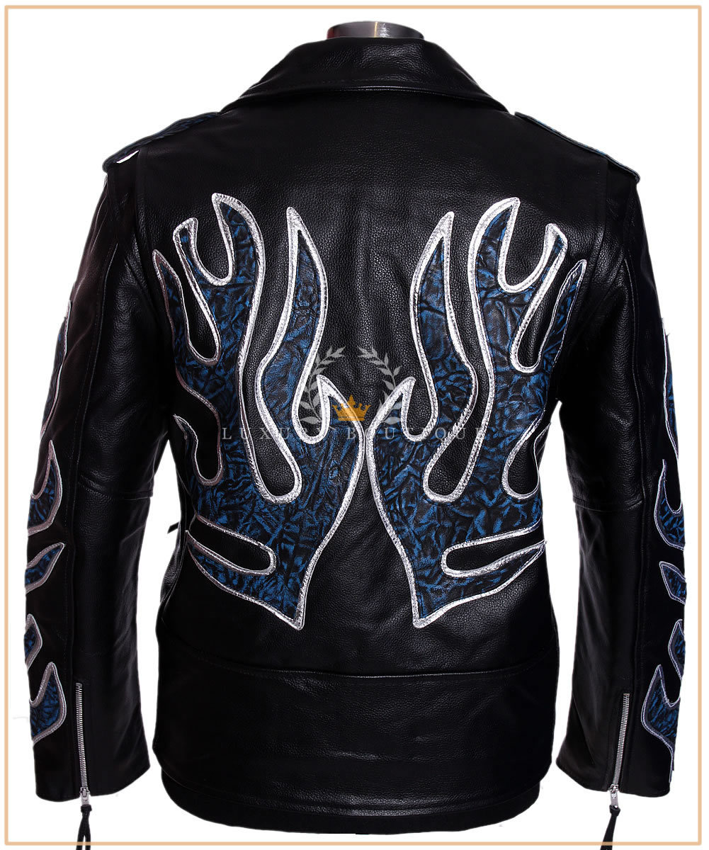 Brando Men's Blue Flames Motorcycle Real Cowhide Leather Biker Fashion ...