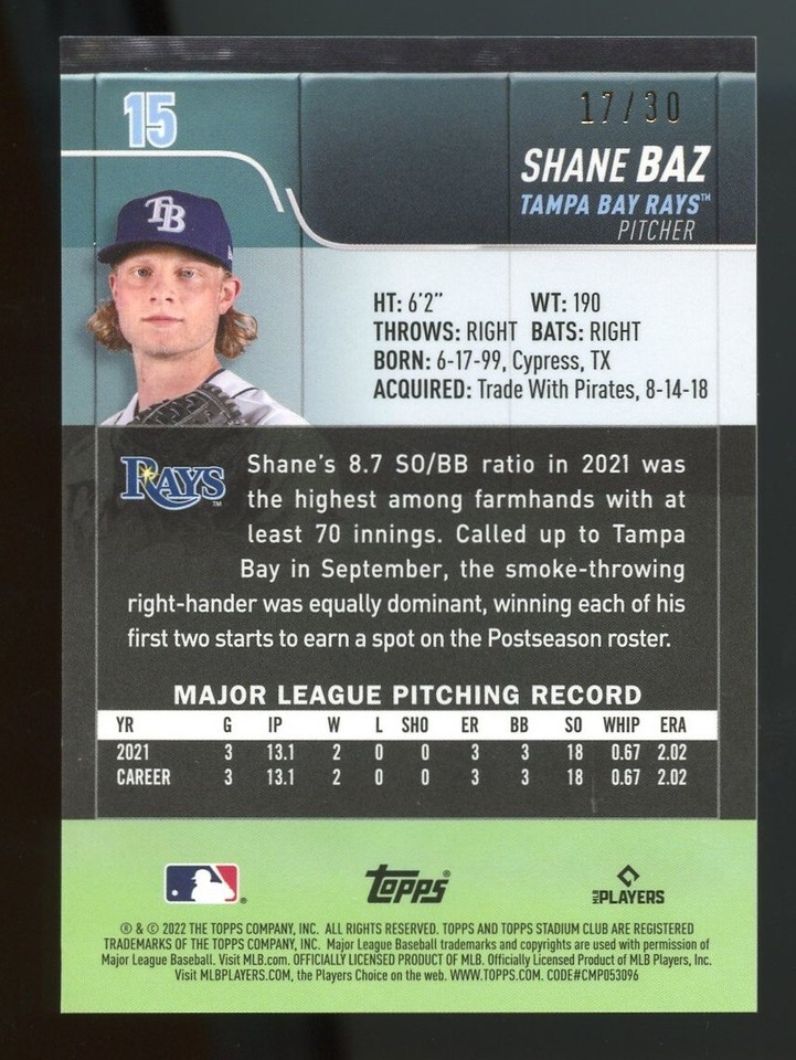 2022 Topps Chrome Shane Baz #15 Rookie White Refractor /30 Rays RC | eBay