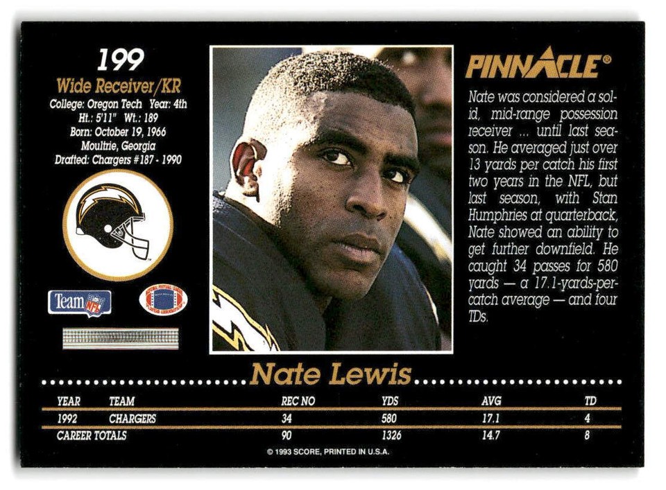 Nate Lewis 1993 Pinnacle FOOTBALL #199 San Diego Chargers | eBay