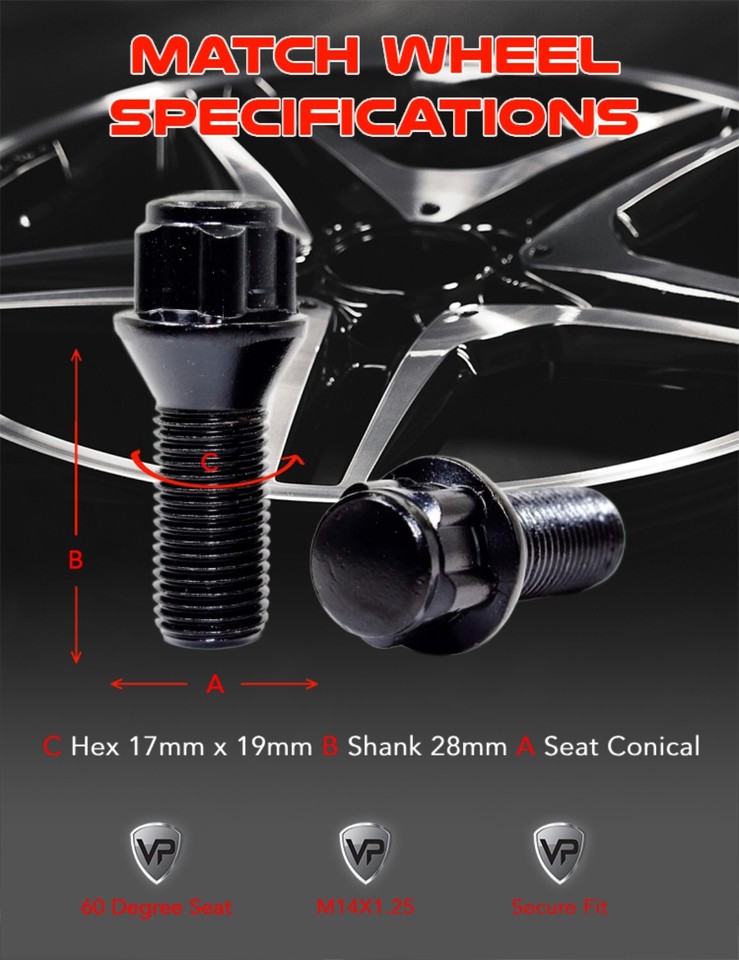 4 14x1.25 28mm Black Wheel Locks for BMW 528i 535i 550i M5 740i 750i X3 ...