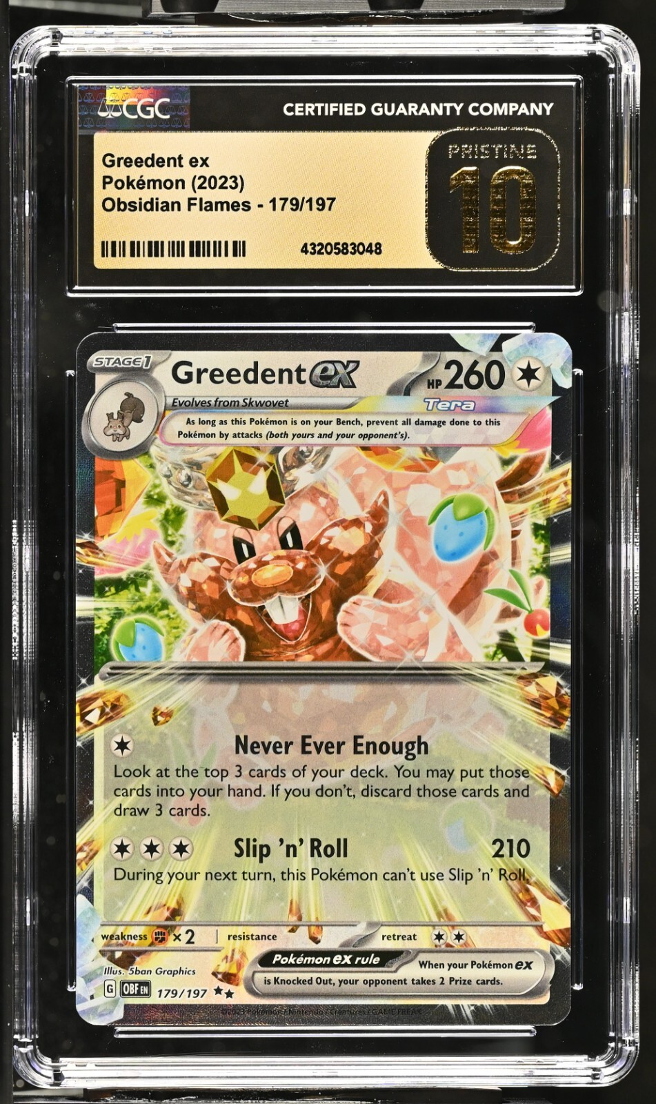 CGC Graded 10 Pristine Greedent ex 179/197 Obsidian Flames Pokemon Card ...
