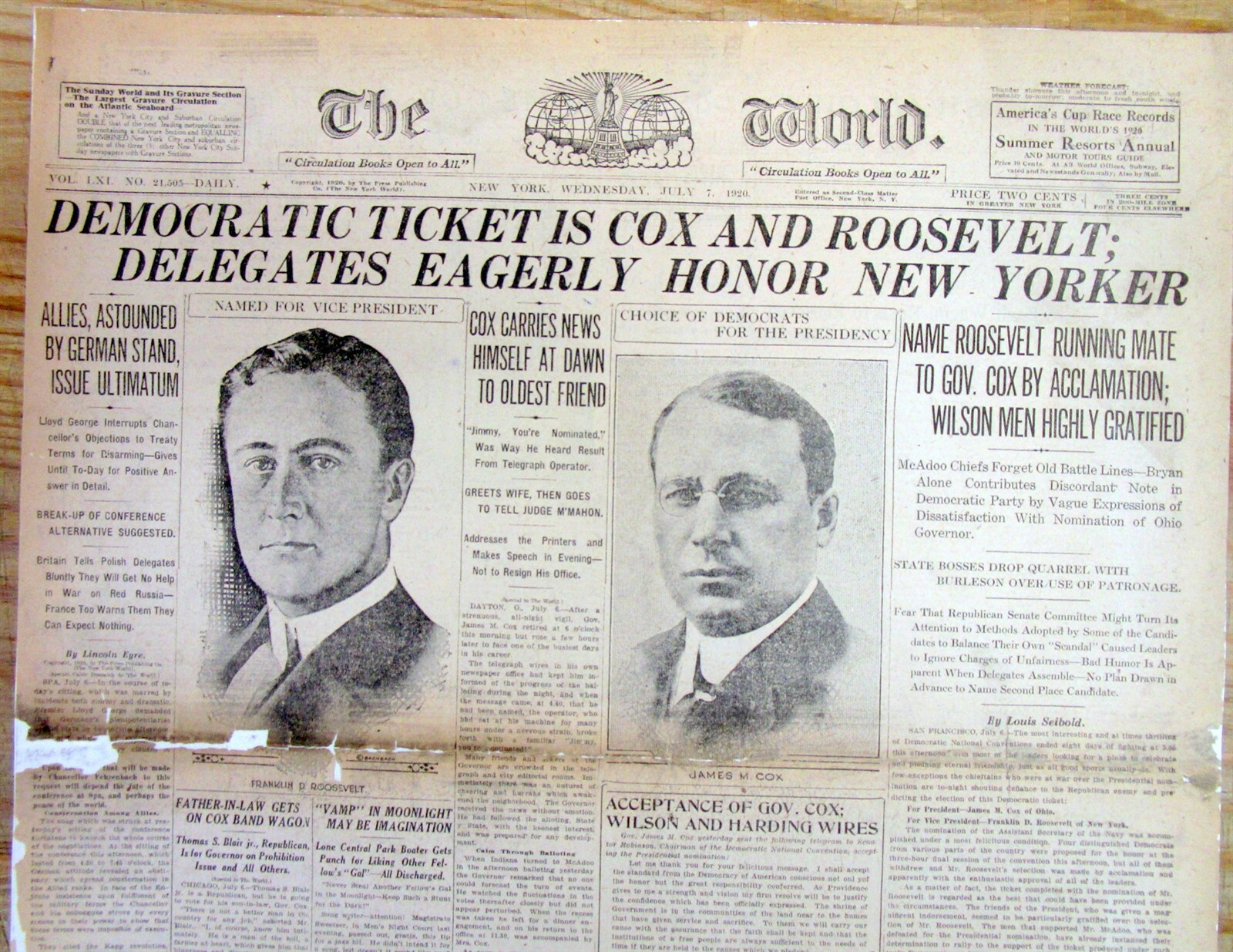 1920 newspaper Democrats nominate COX & FRANKLIN ROOSEVELT for ...