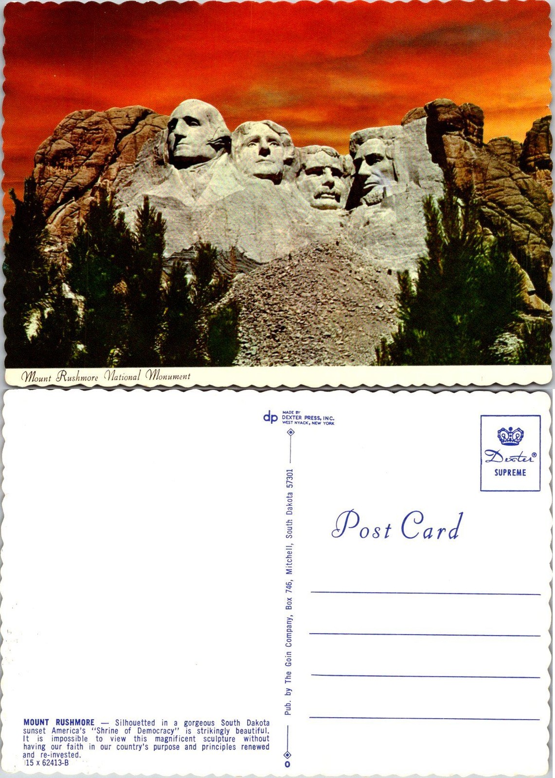 Mount Rushmore National Monument Postcard Dexter Press Mitchell SD ...