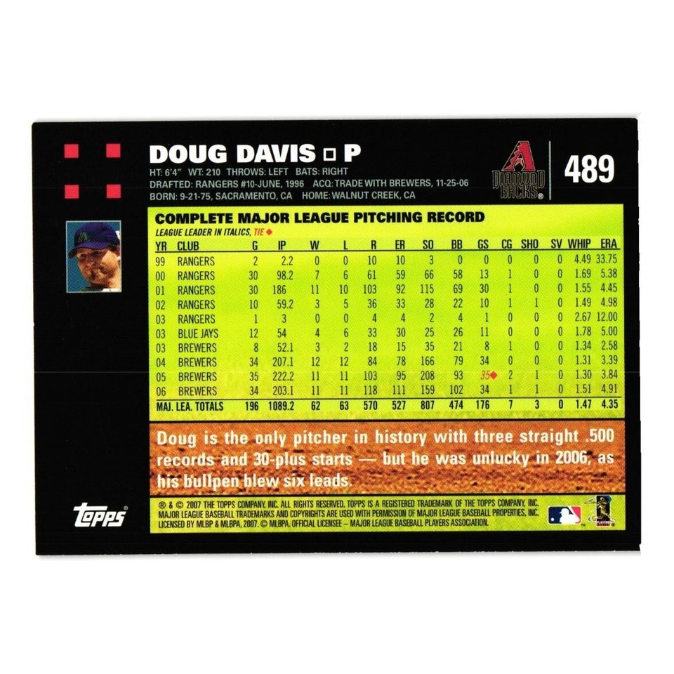 2007 Topps Baseball Card Collector Doug Davis 489 Arizona Diamondbacks ...