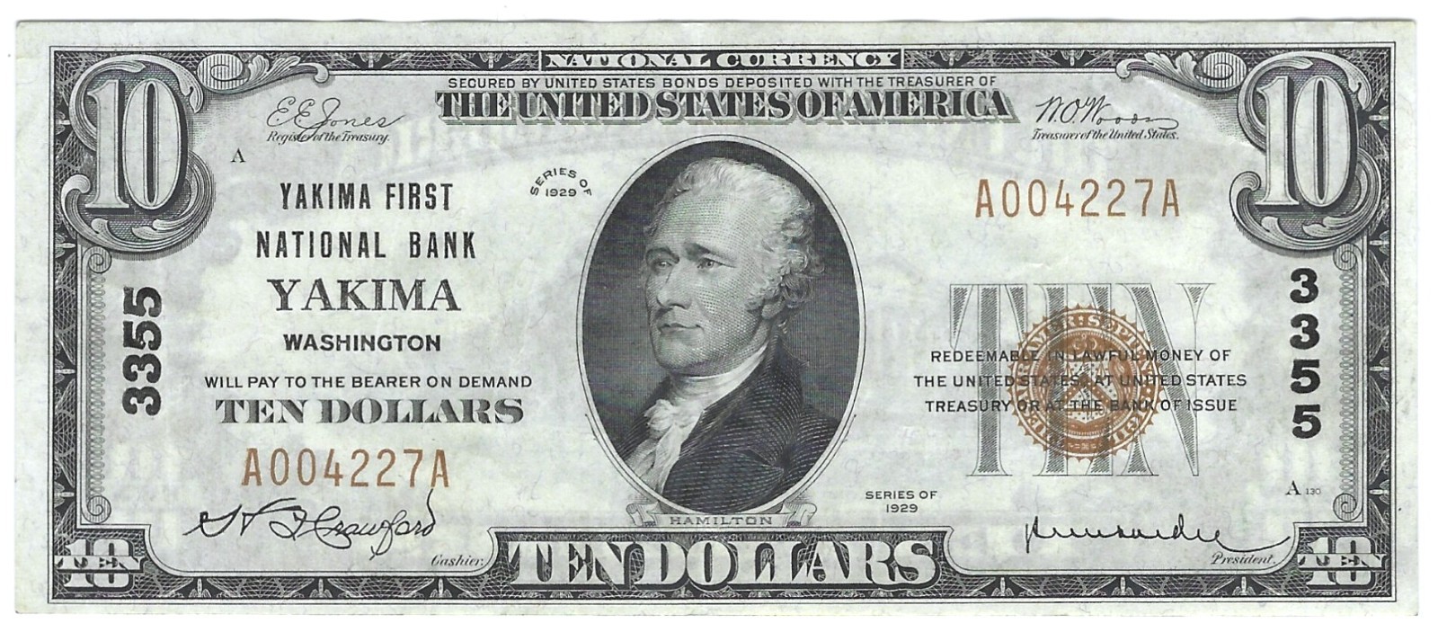 1929 $10 National Currency Yakima, WA Ch# 3355, High Grade Washington ...