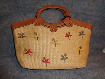FOSSIL WOVEN STRAW & LEATHER TOTE SHOULDER BAG PURSE #76082 TAN & BROWN ...