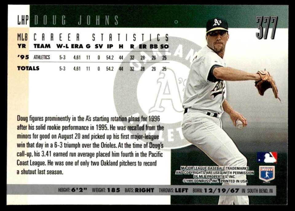 1996 Donruss #377 Doug Johns Rookie Oakland Athletics | eBay