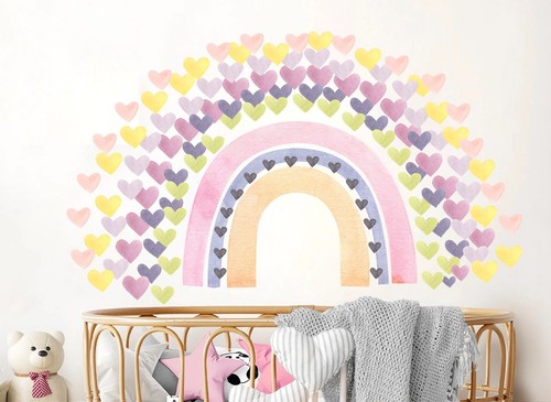 Watercolor Rainbow Love Heart Removable Wall Fabric Girl Room Decal Set ...