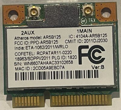 Atheros AR5B125 WiFi Wireless 802.11/b/g/n Network Card Mini PCI ...