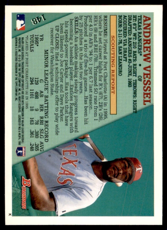 1998 BOWMAN ANDREW VESSEL TEXAS RANGERS #312 | eBay