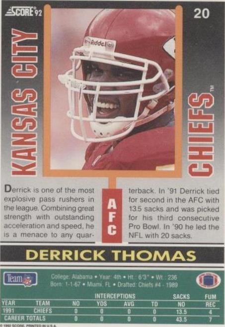 1992 Score Derrick Thomas #20 for sale | eBay