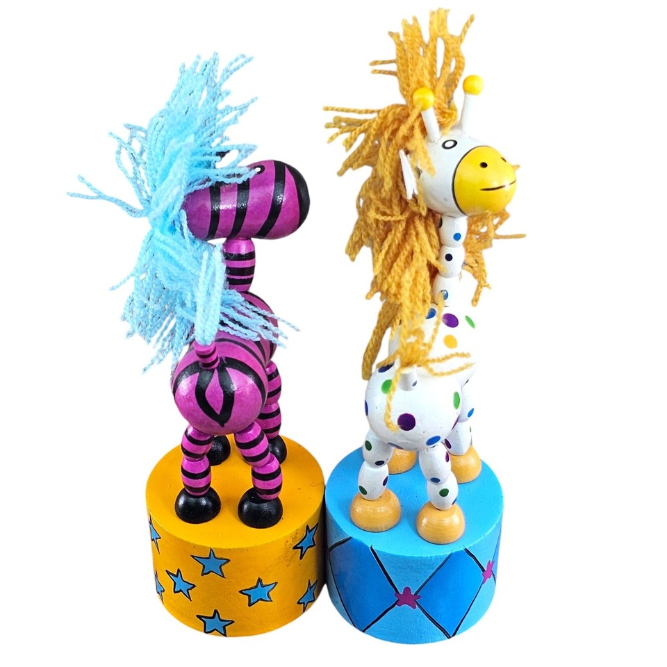 Zoo Wood Push Puppet Hand Painted Zebra Giraffe Toy Collapsing Figures ...