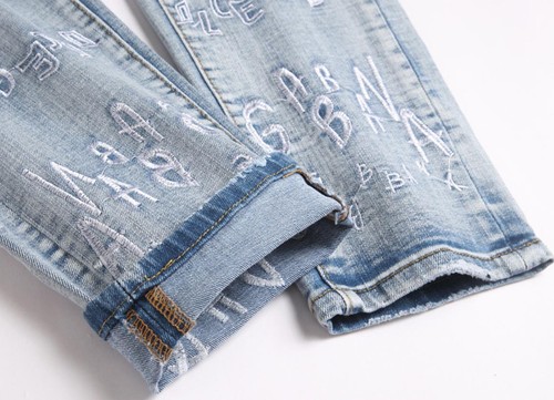 Men's Light Blue Denim Jeans Letter Printed Slim Stretch Pants Punk Hip ...