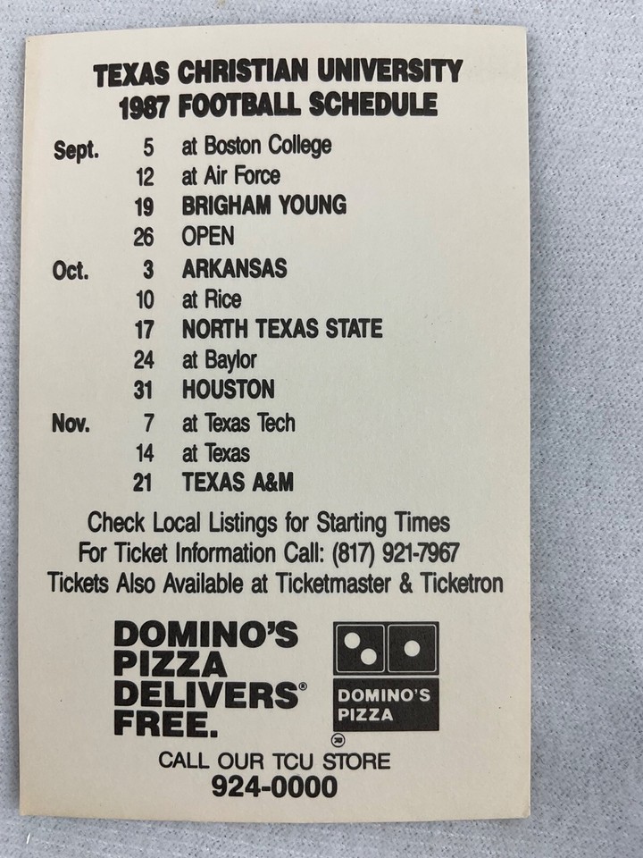 CFB TCU Horned Frogs 1987 Football Schedule Card-Domino's | eBay