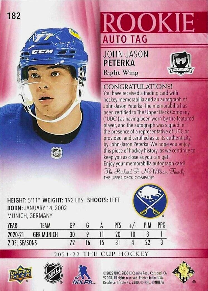 2021-22 The Cup Red Rookie Tag Auto Update Card of Sabre J-J Peterko 3/ ...