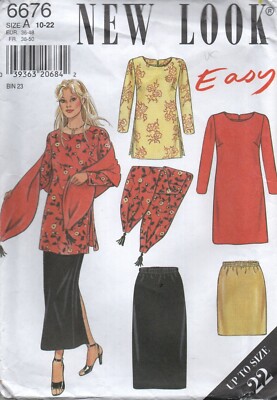 New Look 6676 Misses Dress Tunic Skirt 2 lengths Scarf Size 10 - 22 ...