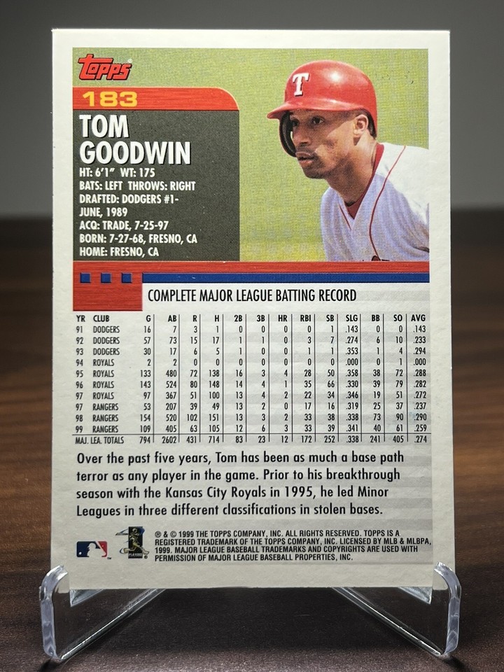 Tom Goodwin Signed Autographed 1999 Topps Baseball Card #183 Rangers ...