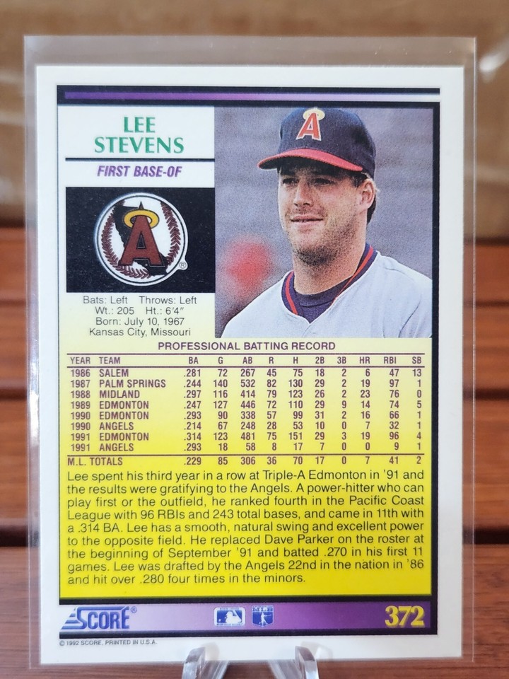 1992 Score Baseball Lee Stevens - California Angels - Card #372 - Base ...