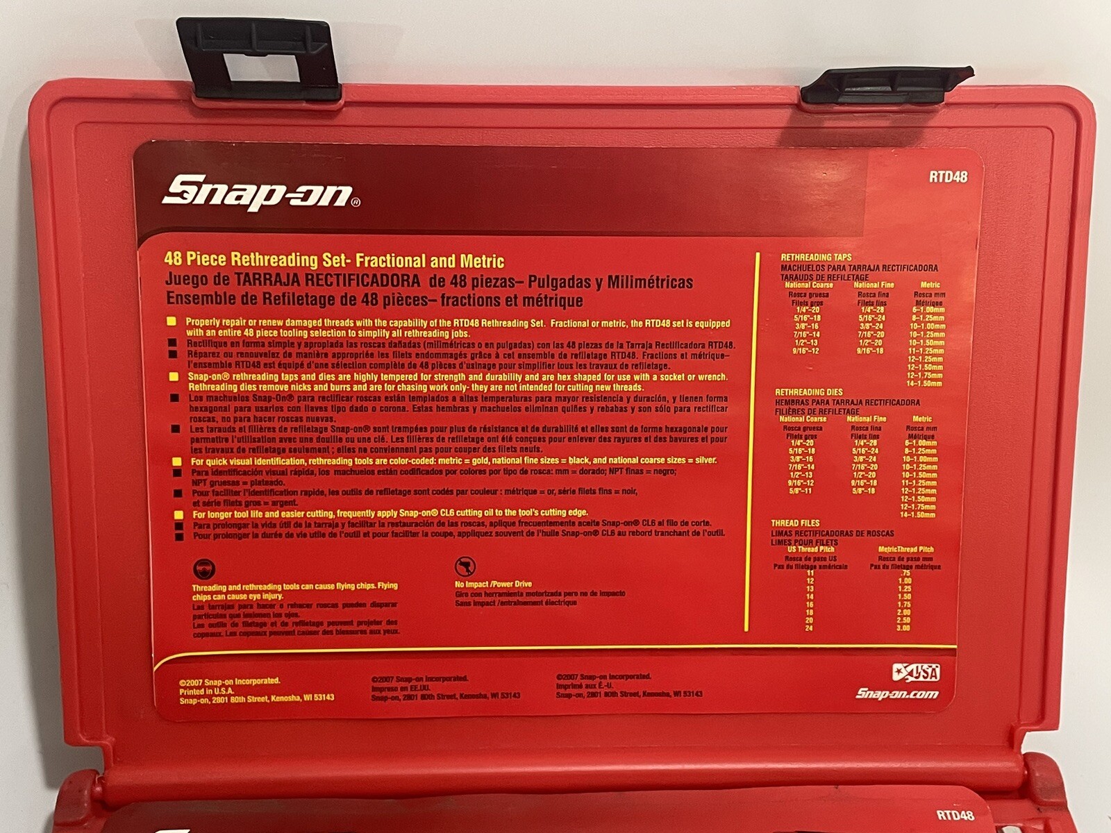 Snap-on 48 PC Rethreading Set Franctional and Metric RTD48 for sale ...