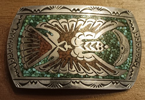 1970s NAVAJO Gibson Gene TURQUOISE CORAL inlay STERLING Belt Buckle ...