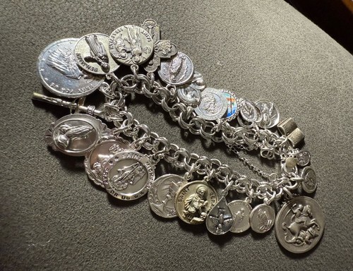 Sterling Silver Catholic Jesus Enamel Religious Charm Bracelet Vtg ...