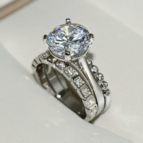 3Ct Round Cut Lab Created Diamond Engagement Trio Ring Set 14K Gold ...