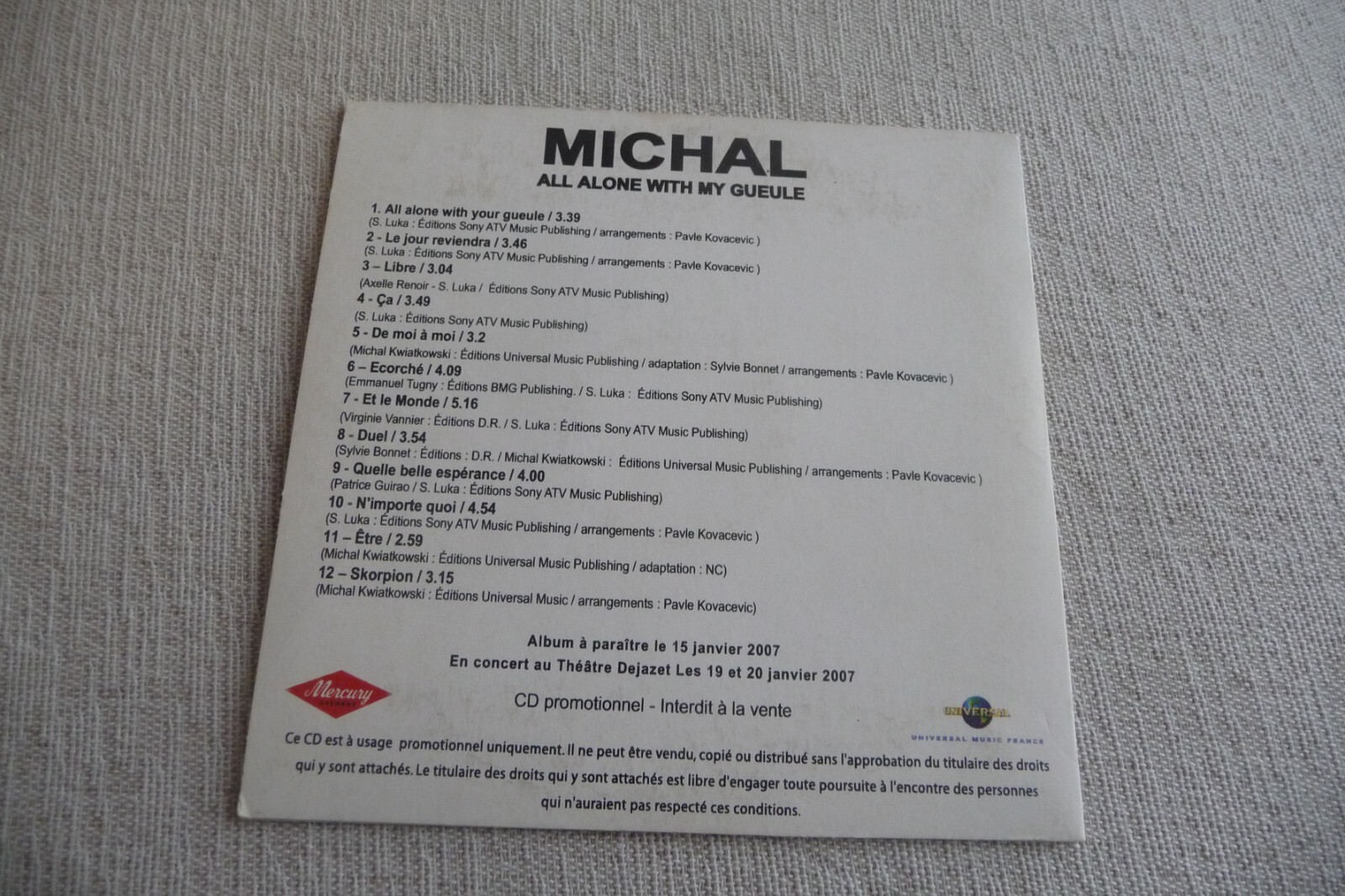 MICHAL (STAR ACADEMY SAISON 3) CD PROMO POCHETTE CARTON ALL ALONE WITH ...
