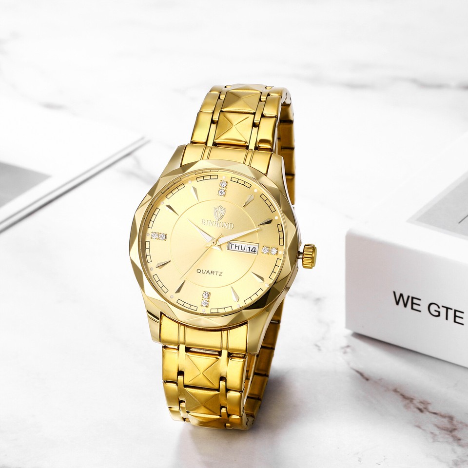 Men Women Luxury Date Calendar Gold Tone Stainless Steel Analog Quartz ...