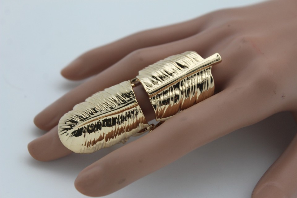 New Women Gold Metal Ring Long Leaf Fashion Jewelry Long Finger Size ...