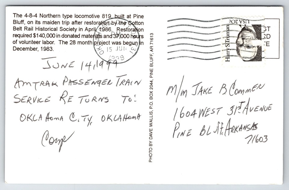 Postcard 4-8-4 Northern Type Locomotive 819 Cotton Belt Rail Historical ...