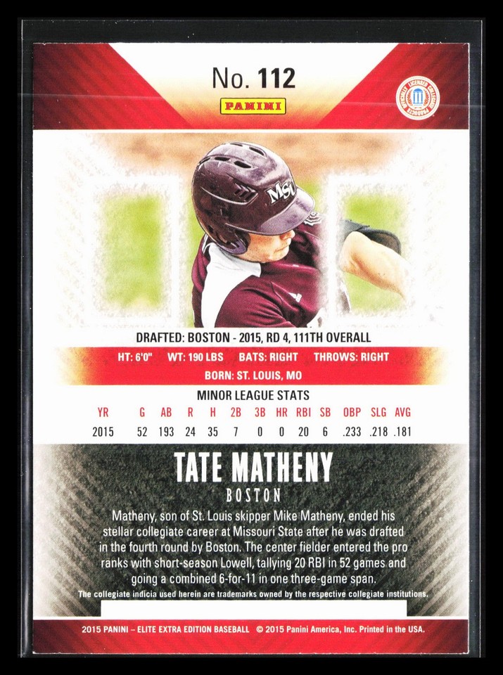 Tate Matheny 2015 Panini Elite Extra Edition ROOKIE #112 Boston Red Sox ...