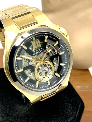 Bulova Mens Watch 98A178 Automatic Skeleton Black Dial Gold Stainless ...