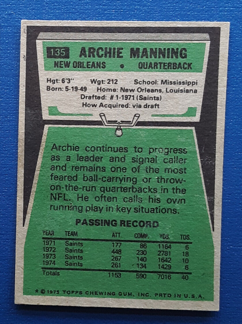 1975 Topps Football #135 Archie Manning - New Orleans Saints | eBay