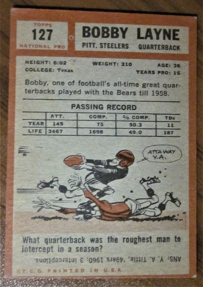 1962 Topps Football HOF BOBBY LAYNE Card #127 EX/MT ~ PITTSBURG ...