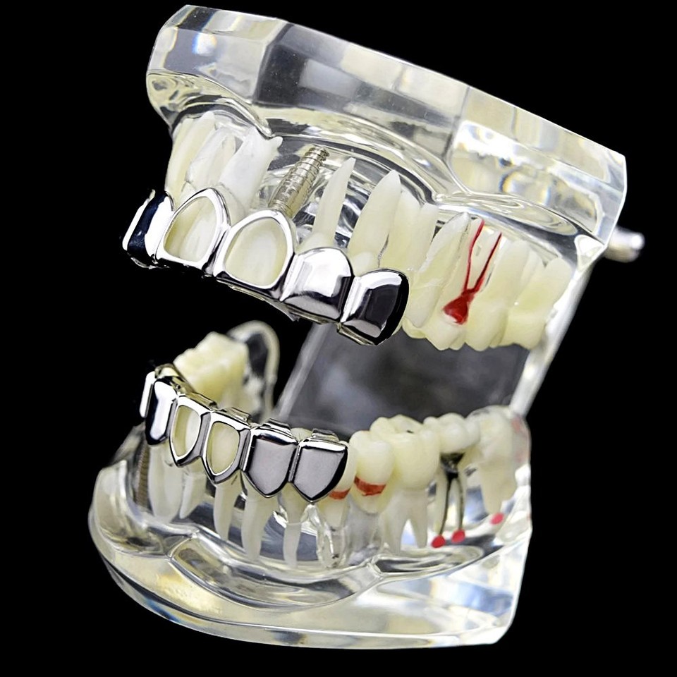 Two Open Face Front Teeth Grillz Set Silver Tone Top And Bottom Hip Hop ...