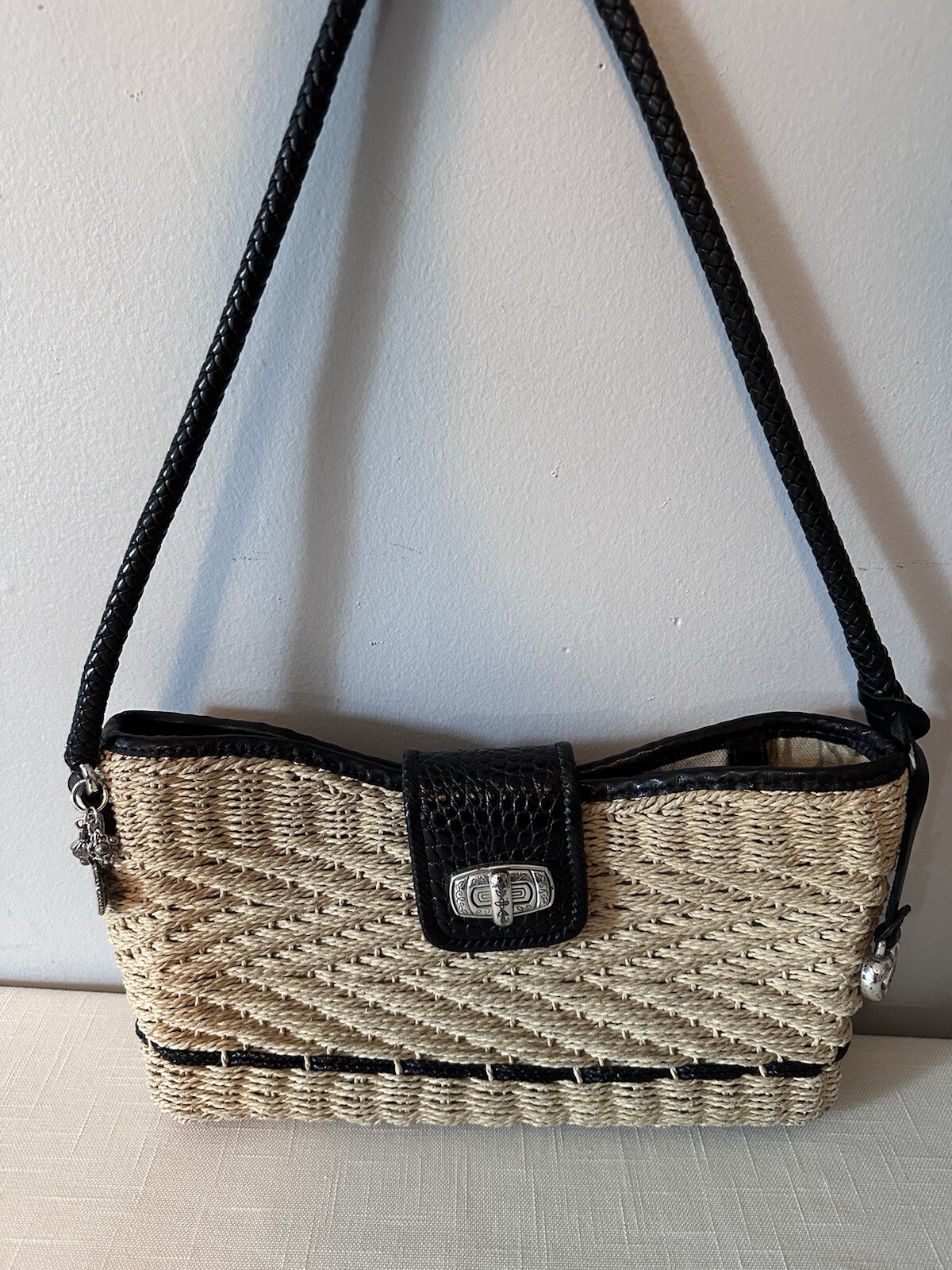 Brighton Woven Straw Wicker Purse Black Leather Trim - Gem