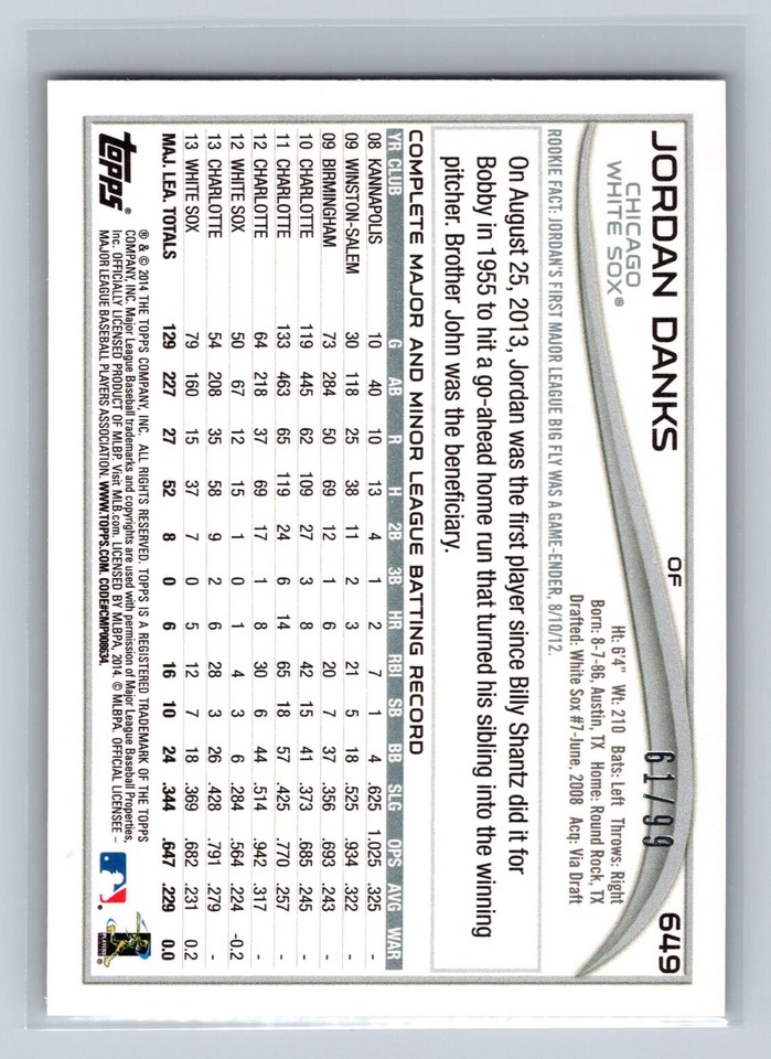 2014 Topps #649 Jordan Danks Camo #/99 | eBay
