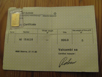 1980 5 g gram Credit Suisse 9999 Fine Gold Bar - With Certificate Deak ...