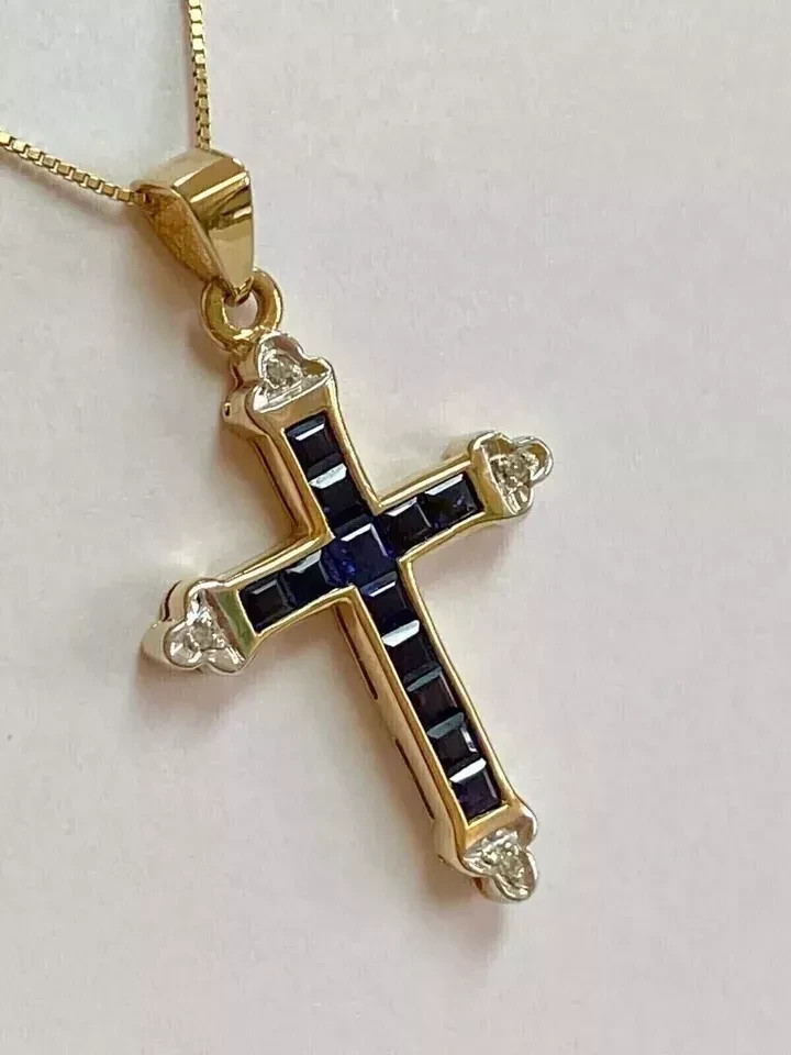 2Ct Lab Created Blue Sapphire Cross Pendant Necklaces 14k Yellow Gold ...
