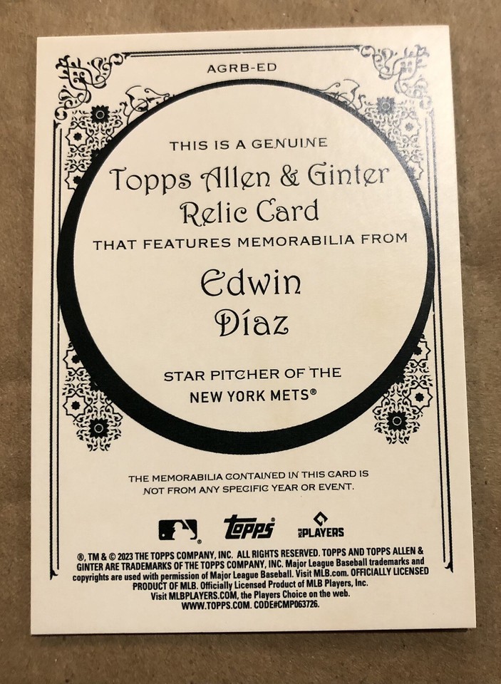 Edwin Diaz 2023 Topps Allen & Ginter Relic Card #AGRB-ED New York Mets ...