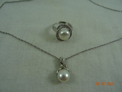RL Sterling Silver Pearl Diamond Accent Necklace 18" Pearl Crystal Ring ...