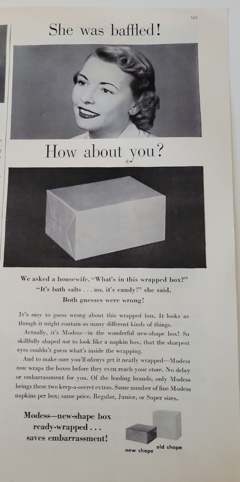 1950 Modess Sanitary Napkins wrapped box she was baffled vintage ad | eBay