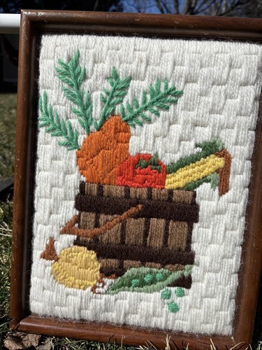 Framed Vintage Needlepoint Long Stitch Crewel Vegetables Colorful ...