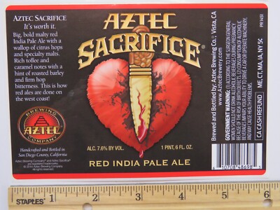 6" Beer Label STICKER ~ AZTEC Brewing Sacrifice Red IPA ~ Vista ...