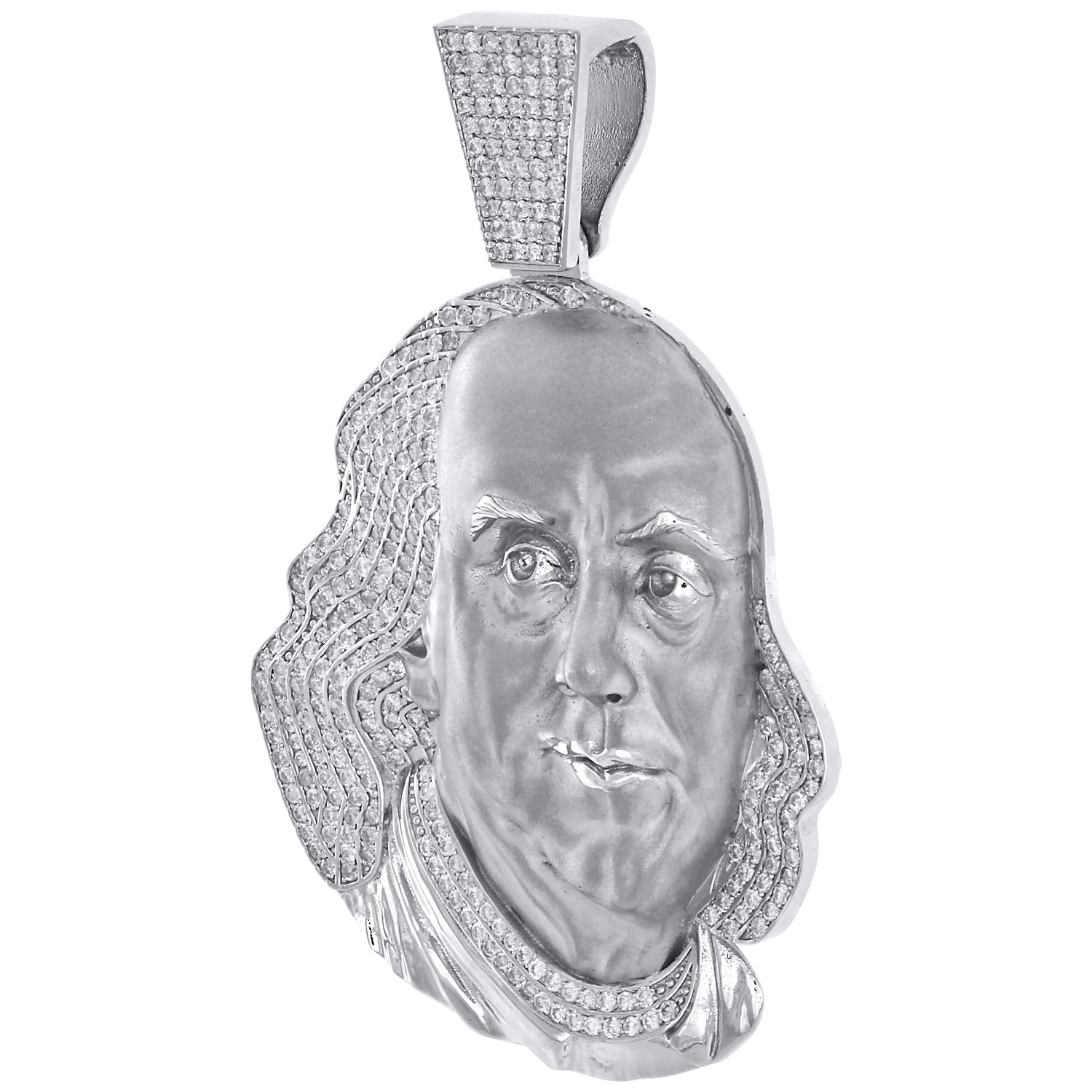 10K White Gold Mens Diamond Benjamin Franklin Face Pendant 2.35" Charm ...