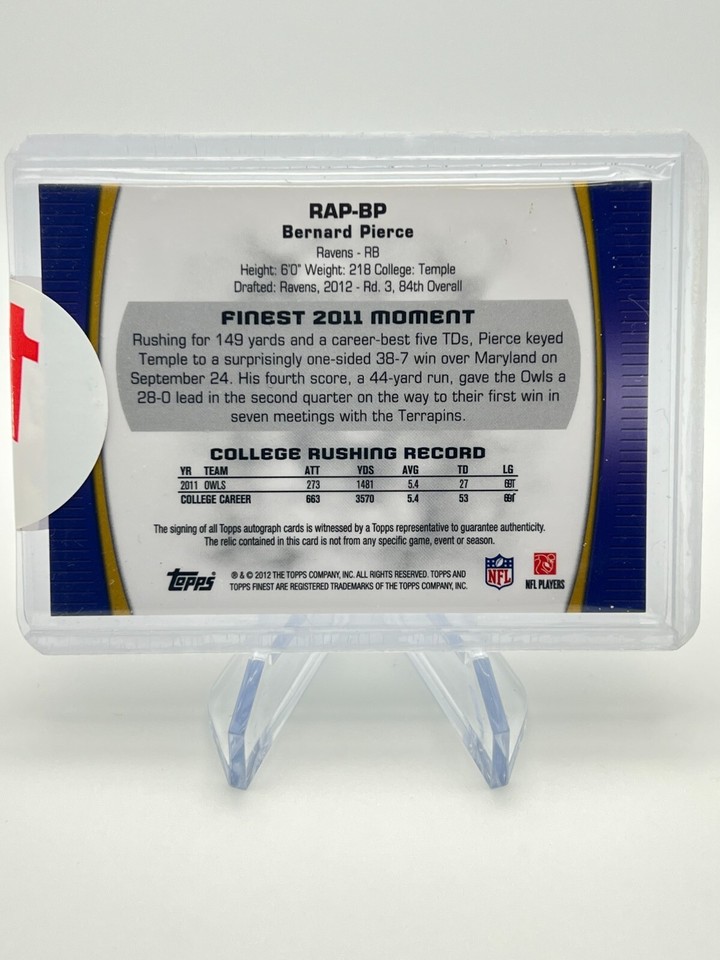 2012 Topps Finest Bernard Pierce RC Rookie Patch Auto #RAP-BP SP Sealed ...